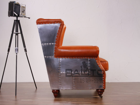 classical British style leather leisure sofa with aluminium back,#2032 supplier