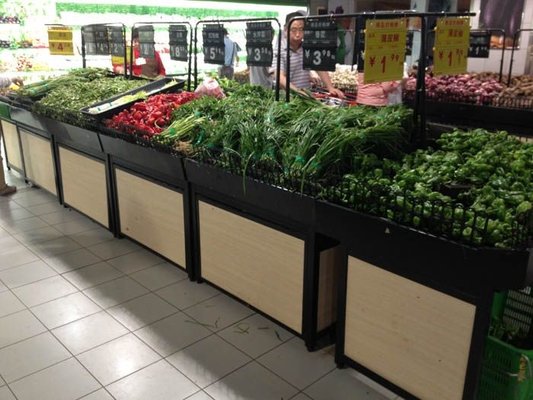 supermarket Wood Produce Display Table with lifting door supplier