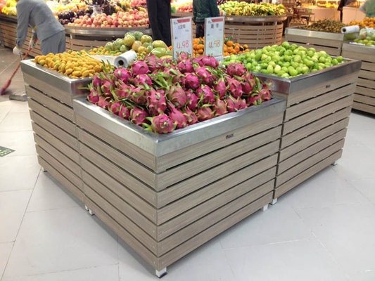 supermarket wooden produce bin with stainless steel tray supplier