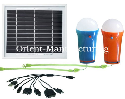 solar Power  lamps 5W with 2pcs LED bulbs high lumens , 4 in one mobile charging cable