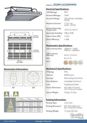 Industrial IP20 Low Bay LED Area Lights 9900 lm With Toughened Glass Lens