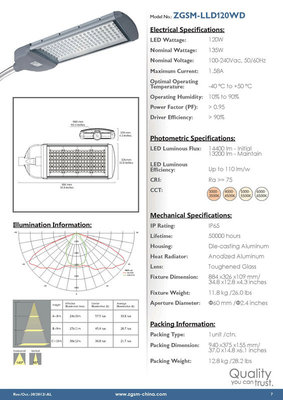 220V AC 135W Outdoor LED Street Lights 6500K 5500K 3500K