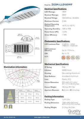 6500K High efficiency Street LED Lights 165W With 6500 Lumens