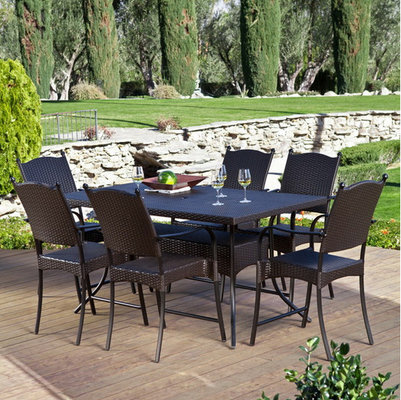 7 PCS Resin Wicker Pub Height Dining Table Sets Outdoor Patio Wicker Furniture