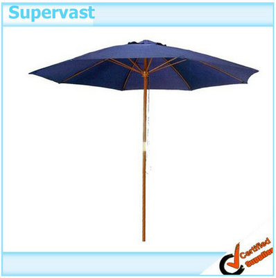 Teak Premium Navy Blue Round Parasol Wood Patio Umbrella With Single Pulley Crank