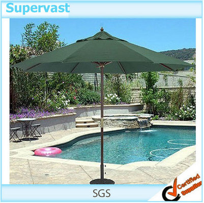 Sun Protection Double Pocket Wood Parasol Straight Patio Market Umbrella