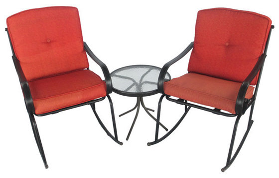 Red Patio Bistro Set Rocking Chair Chat Set with Cushion KD Style