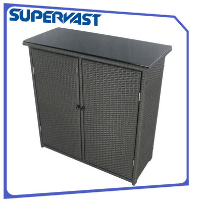 Black Resin Wicker Patio Furniture Poly Rattan Storage Cabinet with Glass Top