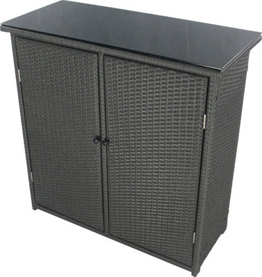 Black Resin Wicker Patio Furniture Poly Rattan Storage Cabinet with Glass Top