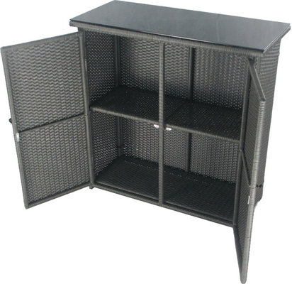 Black Resin Wicker Patio Furniture Poly Rattan Storage Cabinet with Glass Top