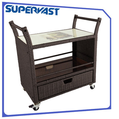 Living Steel Frame Outdoor Resin Wicker Furniture Dining Trolley Resin Rattan Serving Cart