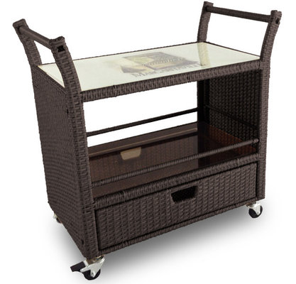 Living Steel Frame Outdoor Resin Wicker Furniture Dining Trolley Resin Rattan Serving Cart