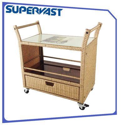 Steel Outdoor Garden Resin Wicker Patio Furniture Dining Trolley PE Rattan Serving Cart