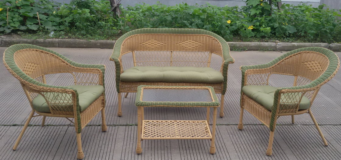 Two Tones Steel Resin Wicker Patio Furniture , 4pcs Outside Wicker Furniture Set With Cushion