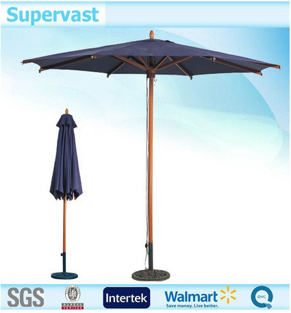 Straight Wooden Umbrella / Patio Market Umbrella , Solar Charge USB Outdoor Umbrella