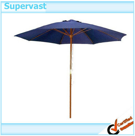 Teak Premium Navy Blue Round Parasol Wood Patio Umbrella With Single Pulley Crank