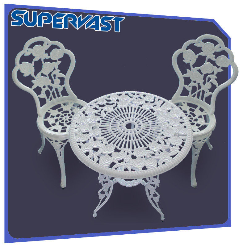 White 3pc Cast Aluminum Patio Furniture Rose Pattern Chat Set KD Style