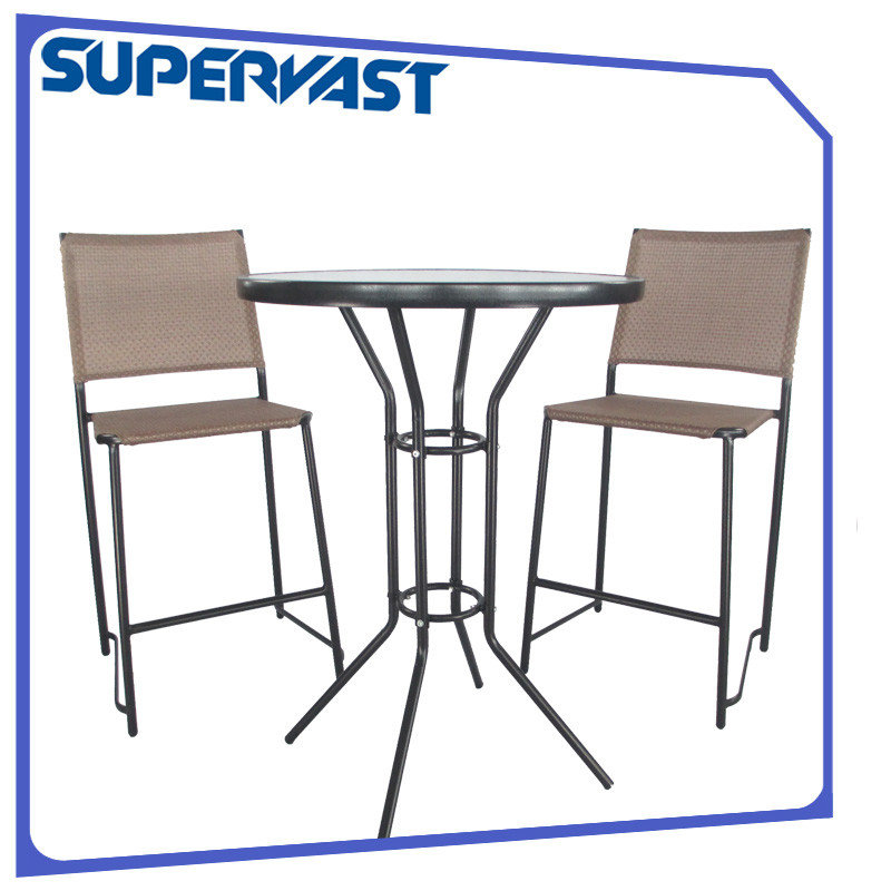 Pub Height Patio Bistro Set Bar Furniture Sling Chat Set Round Glass