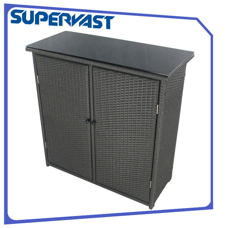 Black Resin Wicker Patio Furniture Poly Rattan Storage Cabinet with Glass Top