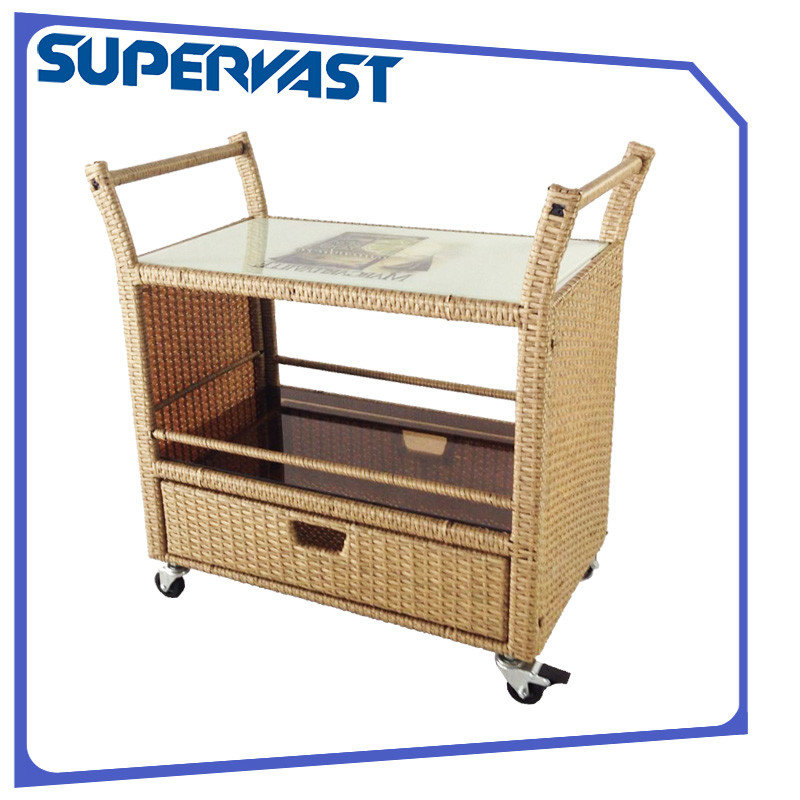 Steel Outdoor Garden Resin Wicker Patio Furniture Dining Trolley PE Rattan Serving Cart