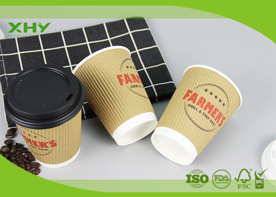12oz Food Grade Custom Logo Printed Brown Kraft Ripple Paper Cup with Lids supplier