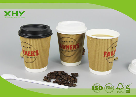 12oz Food Grade Custom Logo Printed Brown Kraft Ripple Paper Cup with Lids supplier