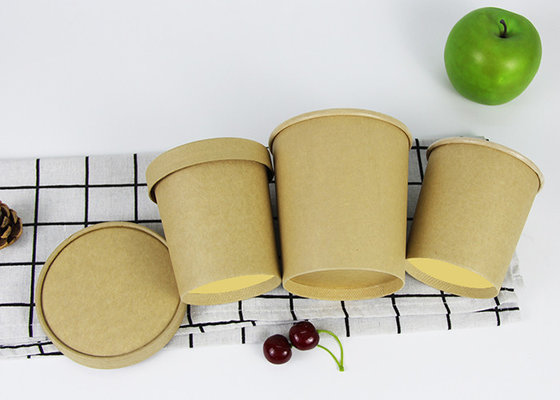Plain Kraft Wooden Brown Pulp PLA Coated Paper Soup Bowl With Paper Lid supplier