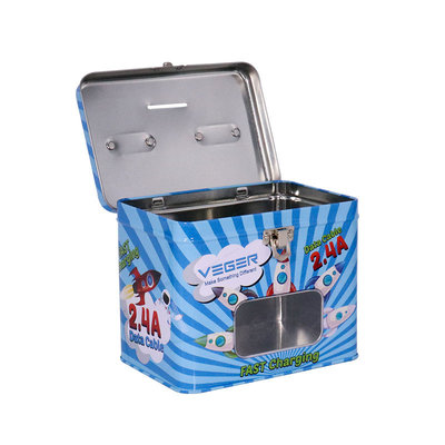 High Quality Rectangle Shape Suitcase Tin Box with Handle Custom Metal Lunch Box with Handle with Window Packaging Box