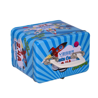 High Quality Rectangle Shape Suitcase Tin Box with Handle Custom Metal Lunch Box with Handle with Window Packaging Box