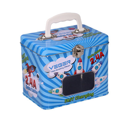 High Quality Rectangle Shape Suitcase Tin Box with Handle Custom Metal Lunch Box with Handle with Window Packaging Box