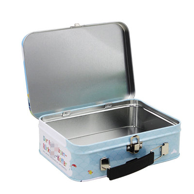 Factory Price Custom Rectanlge Good Quality Suitcase Tin with Handle Custom Metal Lunch Box with Round Corner Handle