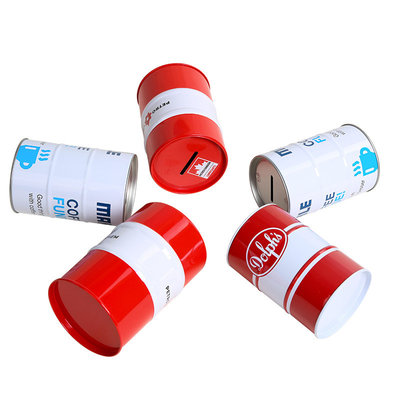 Custom Oil Shaped Children Kids Money Saving Tinplate Round Box New Design Round Tin Coin Bank Small Metal Money Box