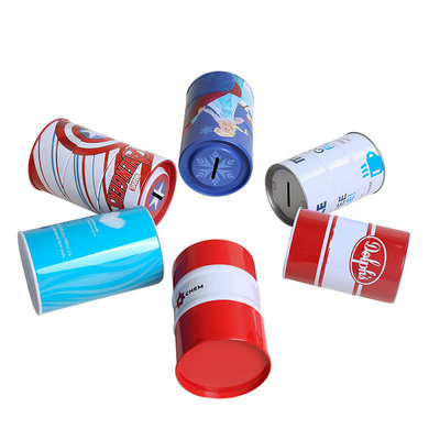 Custom Oil Shaped Children Kids Money Saving Tinplate Round Box New Design Round Tin Coin Bank Small Metal Money Box
