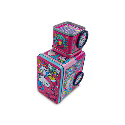 Custom Rectangular Biscuit Candy Promotion Gift Packaging Bus Shape Tin with Wheel