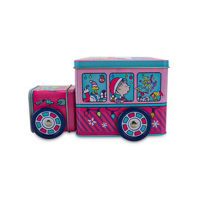 Custom Rectangular Biscuit Candy Promotion Gift Packaging Bus Shape Tin with Wheel