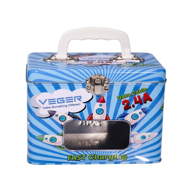 High Quality Rectangle Shape Suitcase Tin Box with Handle Custom Metal Lunch Box with Handle with Window Packaging Box