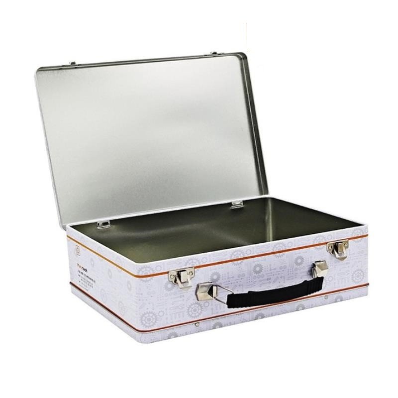 Custom Rectangle Shape Suitcase Tin Box Metal Lunch Tin Can with Lock and Plastic Handle Gift Packaging Tin Box