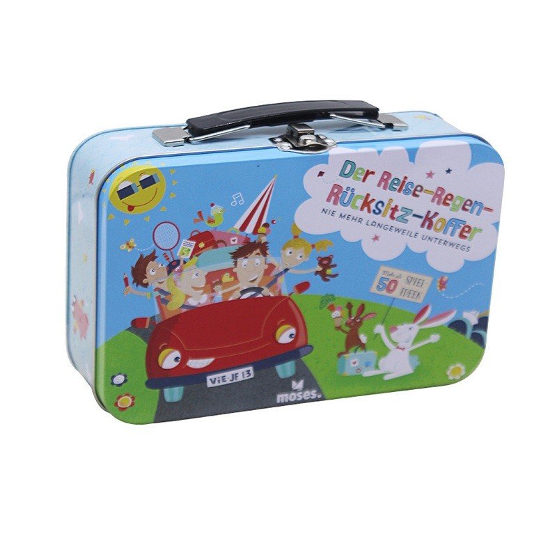Factory Price Custom Rectanlge Good Quality Suitcase Tin with Handle Custom Metal Lunch Box with Round Corner Handle