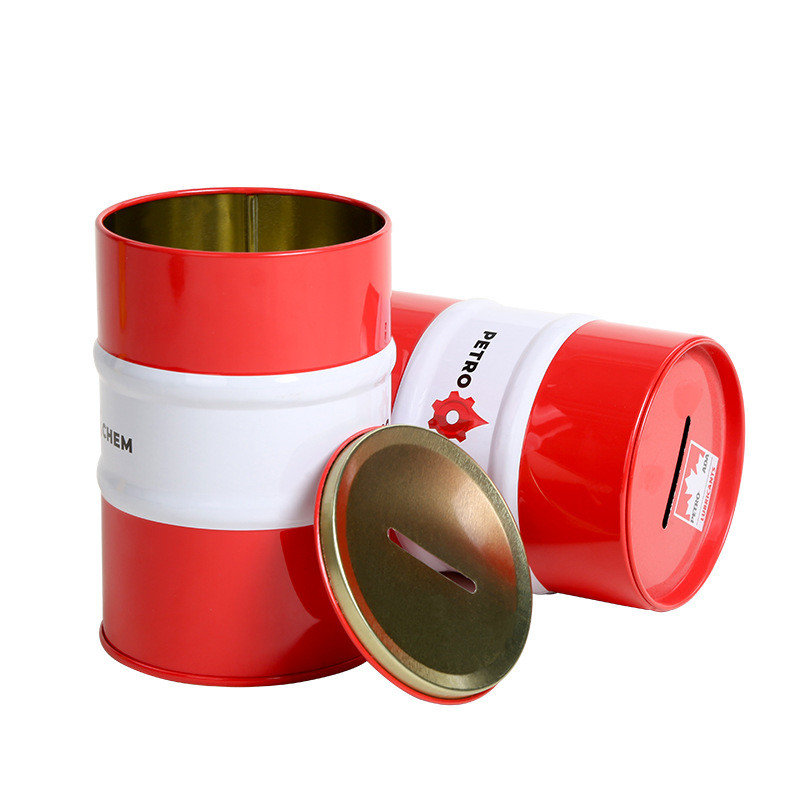 Custom Oil Shaped Children Kids Money Saving Tinplate Round Box New Design Round Tin Coin Bank Small Metal Money Box