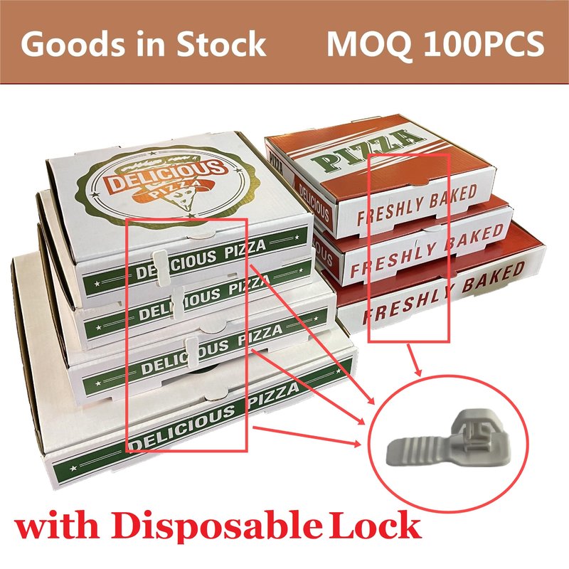 Goods in Stock Wholeasale Corrugated Kraft 8-12 Inch Pizza Box Food Packaging Box with Disposable Lock, MOQ 100PCS