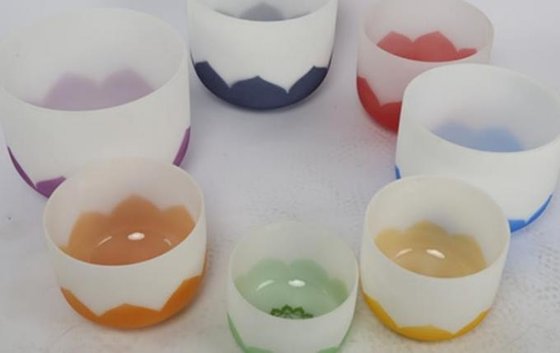 Set of 7 pcs 8"-14" 7 notes with lotus Chakra design Frosted Quartz Crystal Singing Bowl