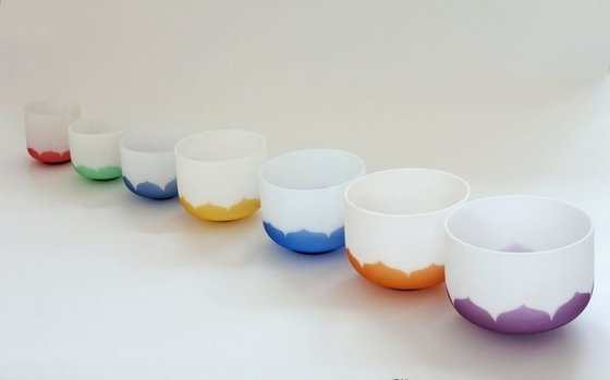Set of 7 pcs 8"-14" 7 notes with lotus Chakra design Frosted Quartz Crystal Singing Bowl