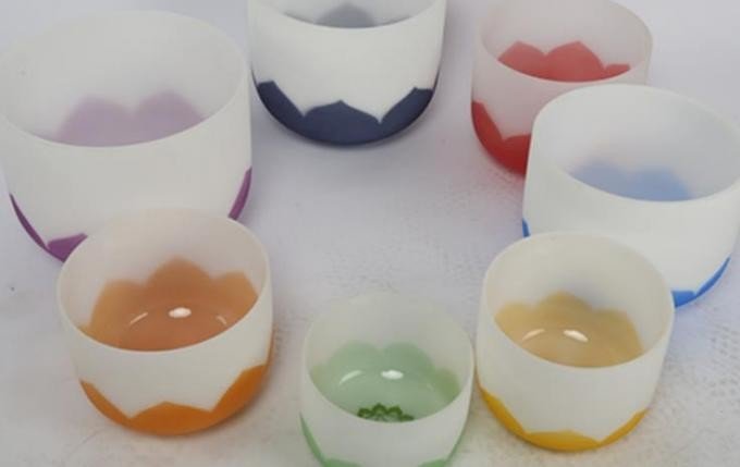 Set of 7 pcs 8"-14" 7 notes with lotus Chakra design Frosted Quartz Crystal Singing Bowl