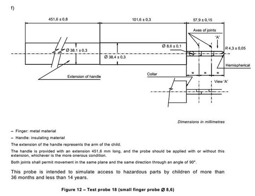 IEC61032 Figure 12 Small Finger Probe 18 with 8.6mm Finger for mor than 36 months and less than 14 years children