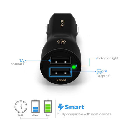 PISEN Mobile Phone Universal Smart Wireless 5V 1A 2A Dual USB Car Charger CE FCC Certification