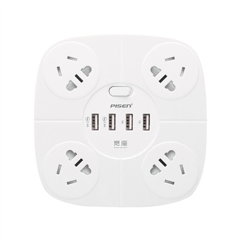 PISEN 1.8m 6ft Cable 4 Outles Power Strip With 1A 1A 2.4 A 2.4A 4 USB Charger