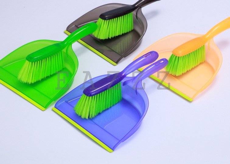 Deluxe Transparent Long Handled Dustpan and Brush set Green Fiber