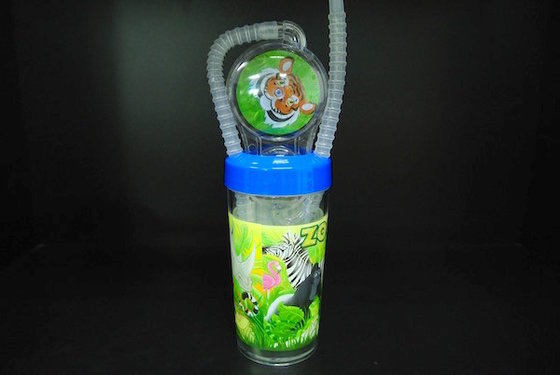Funny Cartoon Character Water Bottle Plastic With Long Curly Straw OEM / ODM Available supplier