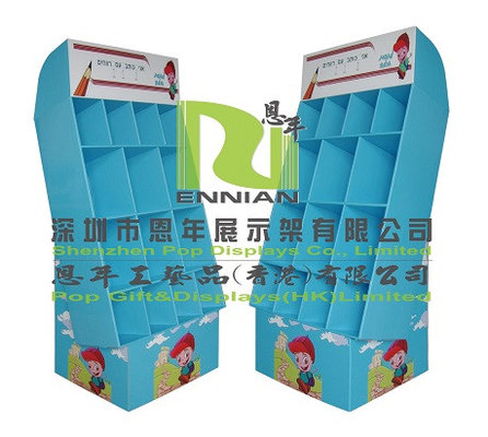China Fashion Magazine Cardboard Floor Display Stand with Blue Color Shelf supplier