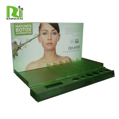 custom matt green acrylic plate display stands acrylic cosmetic counter display stand ,acrylic makeup countertop display supplier